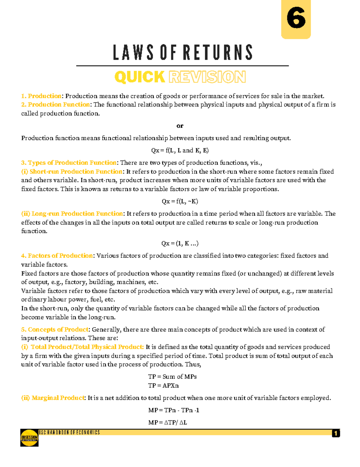 Laws of Returns: Production Functions and Their Implications (B22FB600 ...