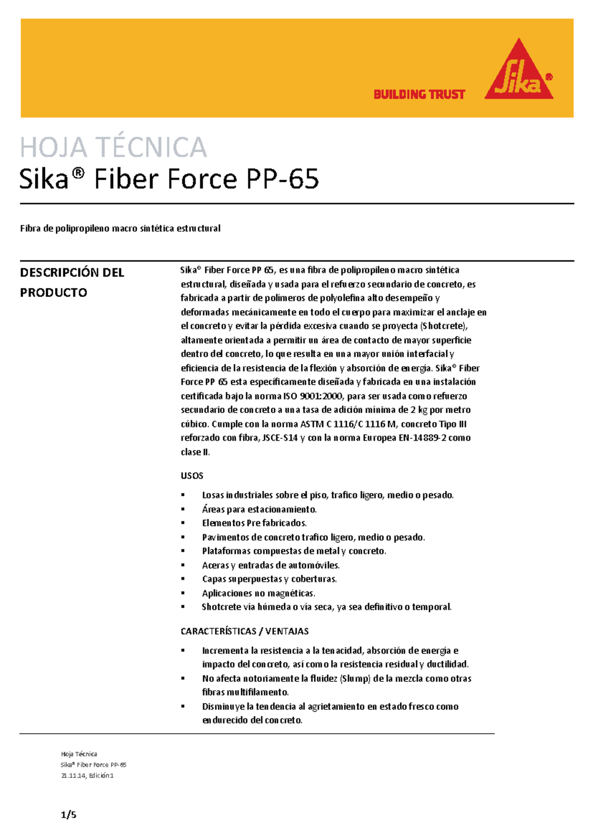 Hoja Técnica HT-Sika Fiber Force PP 65 para Concreto Reforzado - Studocu