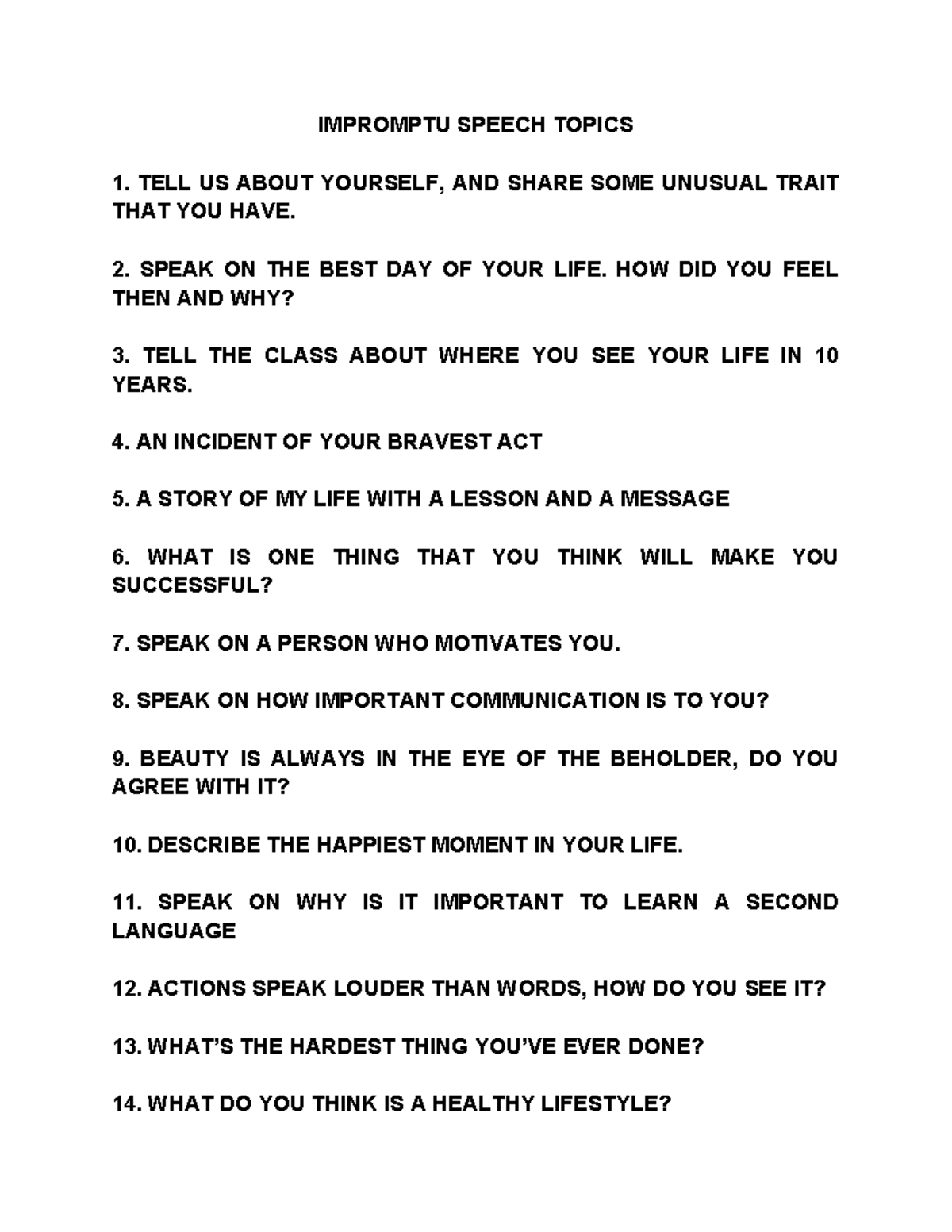 updated speech topics - IMPROMPTU SPEECH TOPICS 1. TELL US ABOUT ...