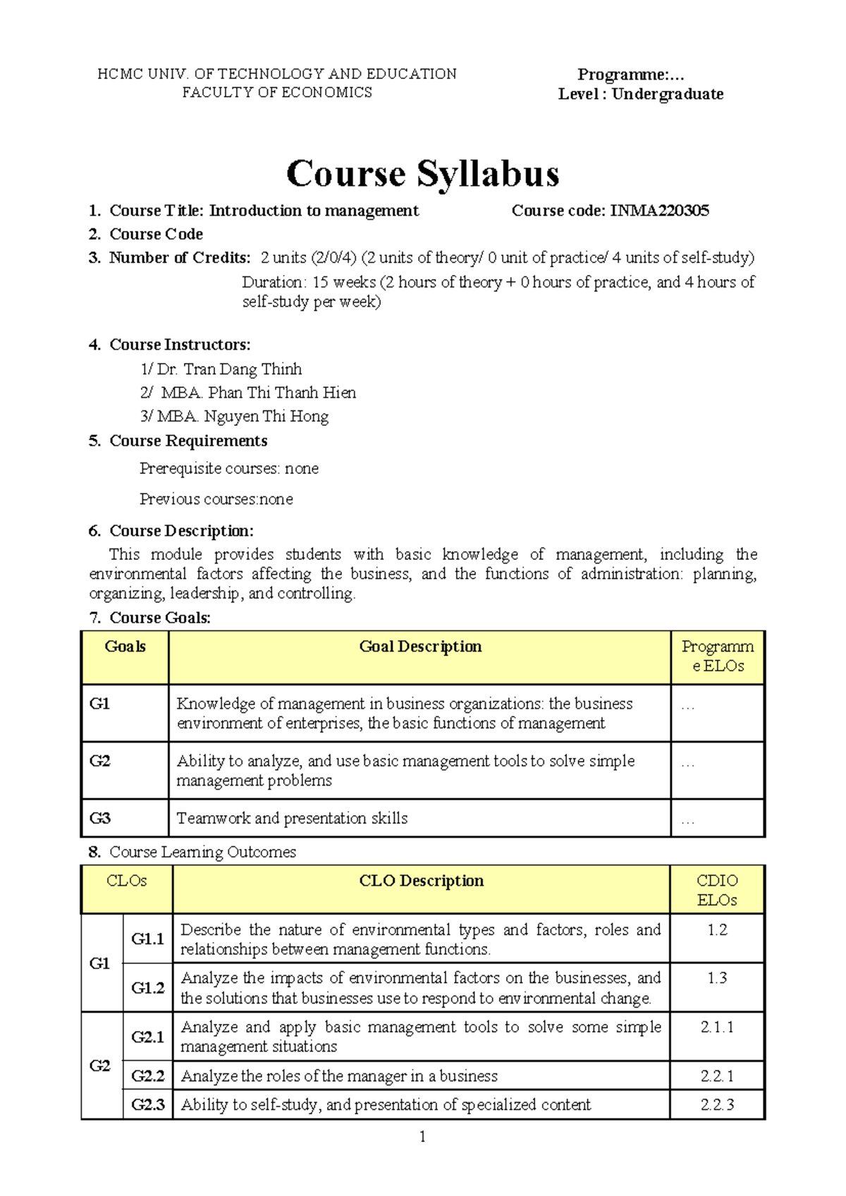 INMA220305 Introduction to Management Course Syllabus - Studocu
