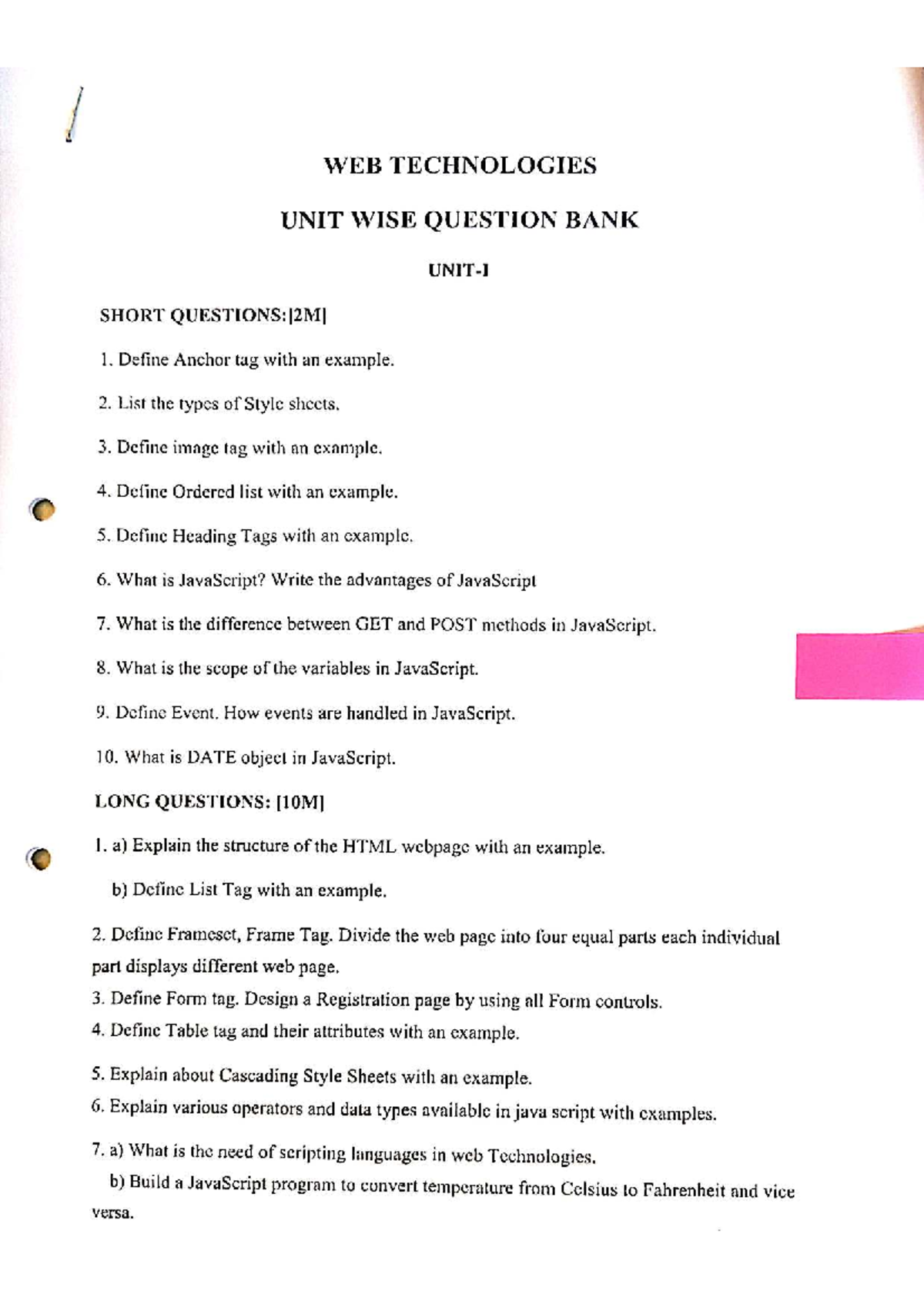 WEB TECHNOLOGIES (WT) UNIT WISE QUESTION BANK - Studocu