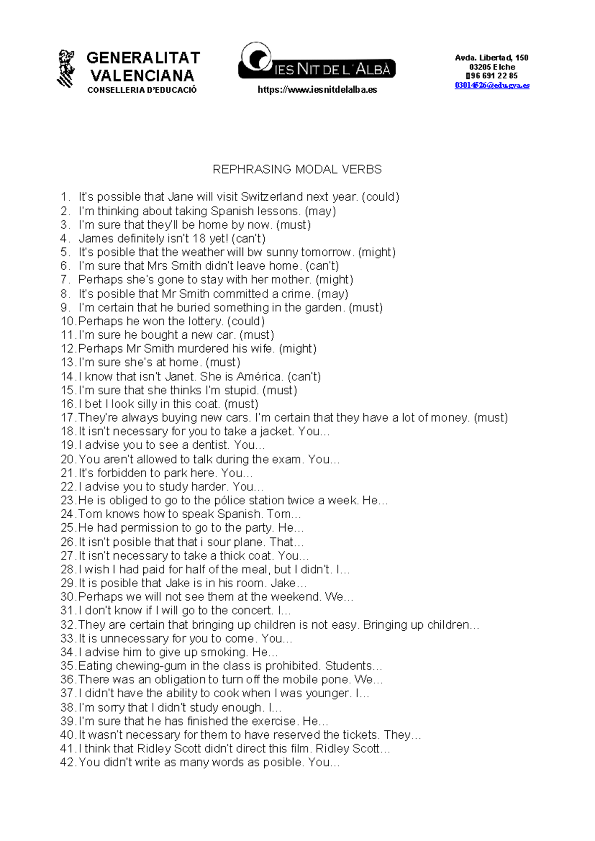 Rephrasing Modal Verbs - ESL Practice Exercises for Language Learning ...