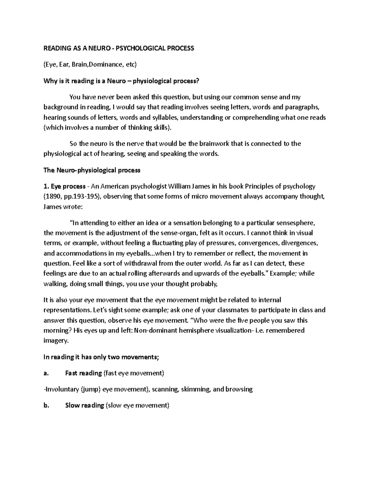Lesson 1: Understanding Reading as a Neuro-Psychological Process - Studocu