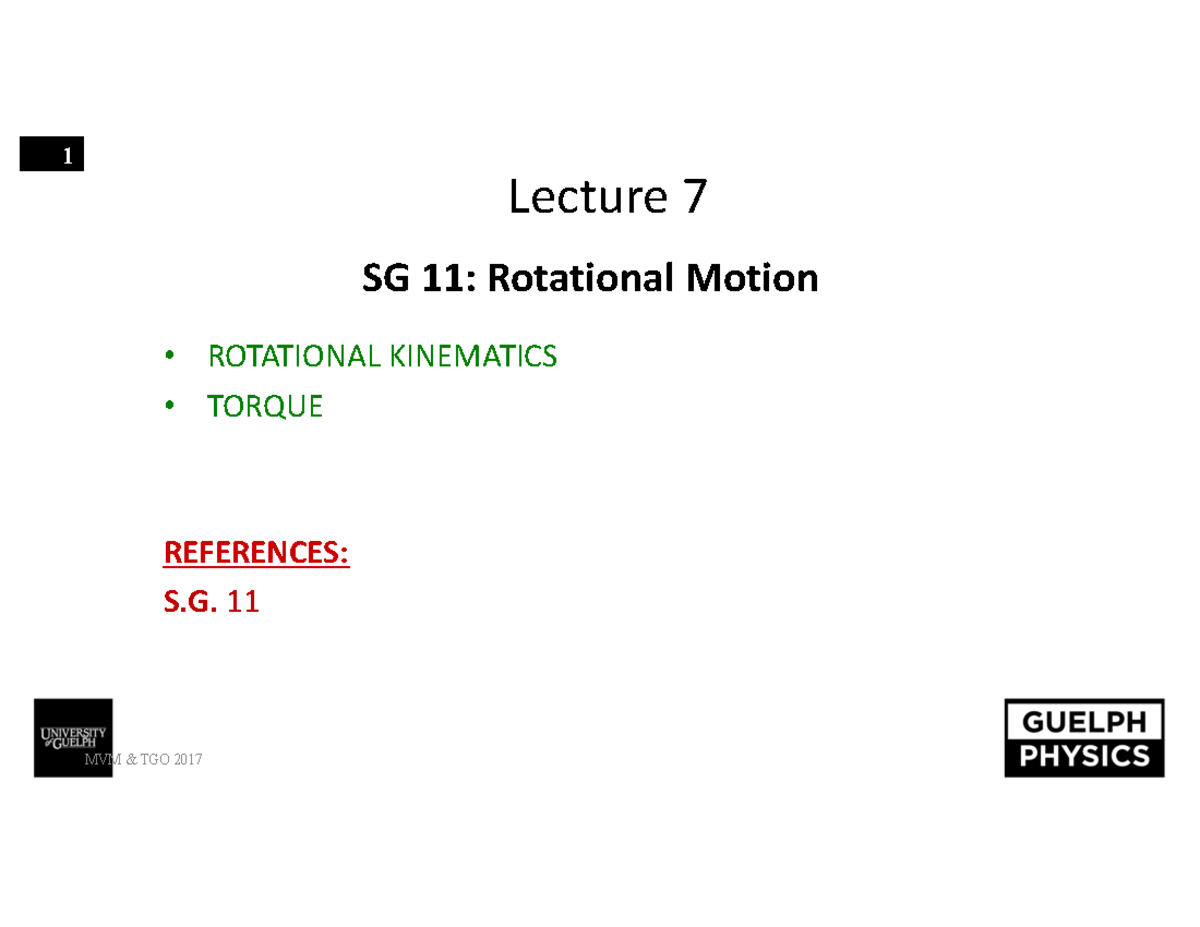 Lecture 7: Rotational Motion & Kinematics - SG 11 (MVM TGO 2017) - Studocu
