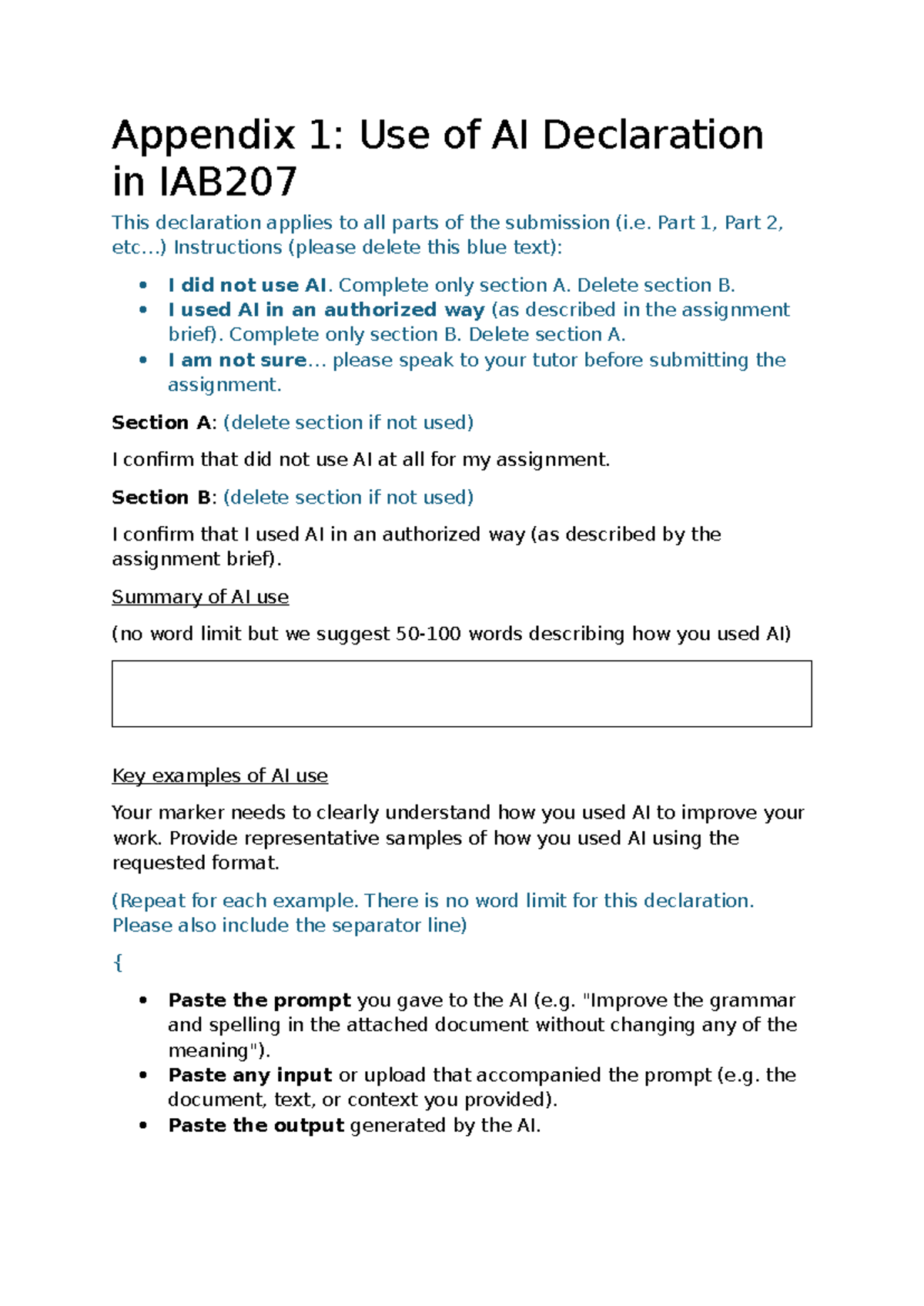 Use of AI Declaration Guidelines for IAB207 Submission - Studocu