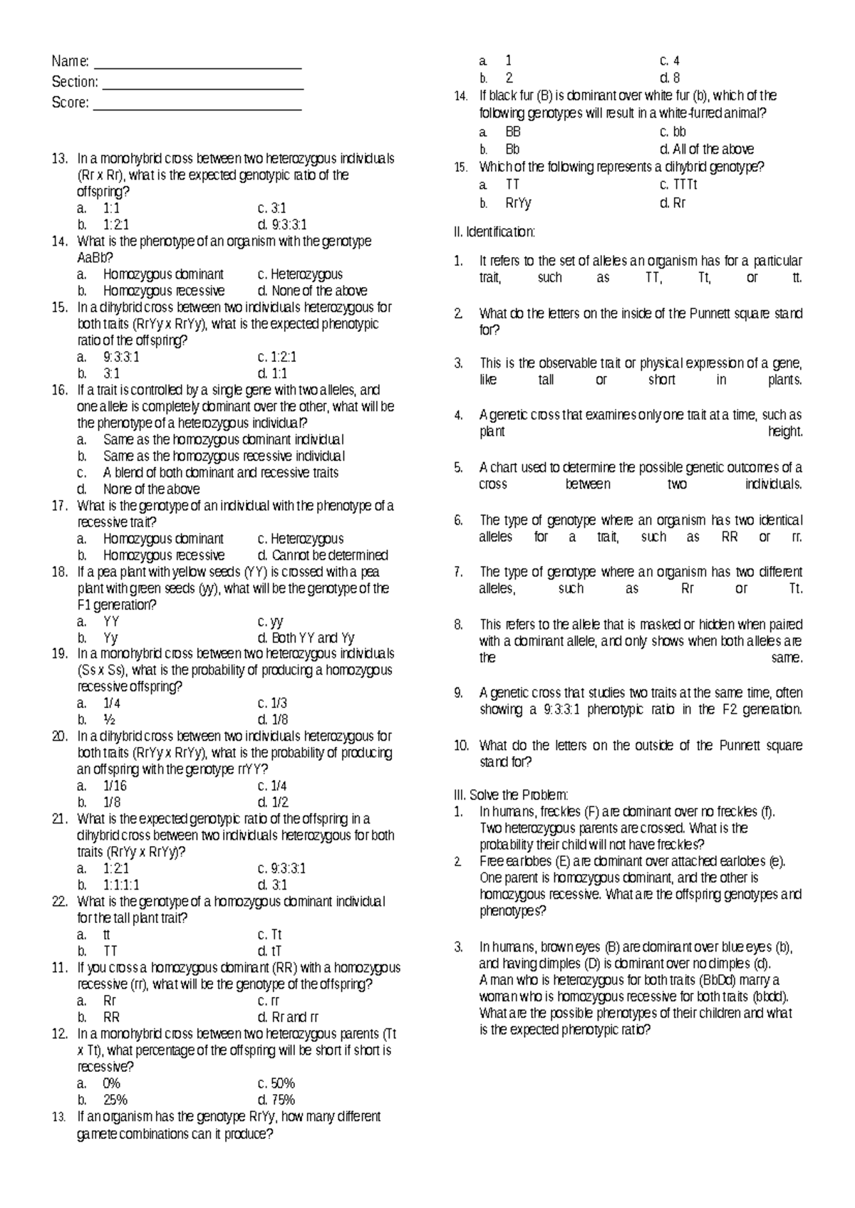 Biology 101: Quiz on Monohybrid and Dihybrid Crosses - Studocu