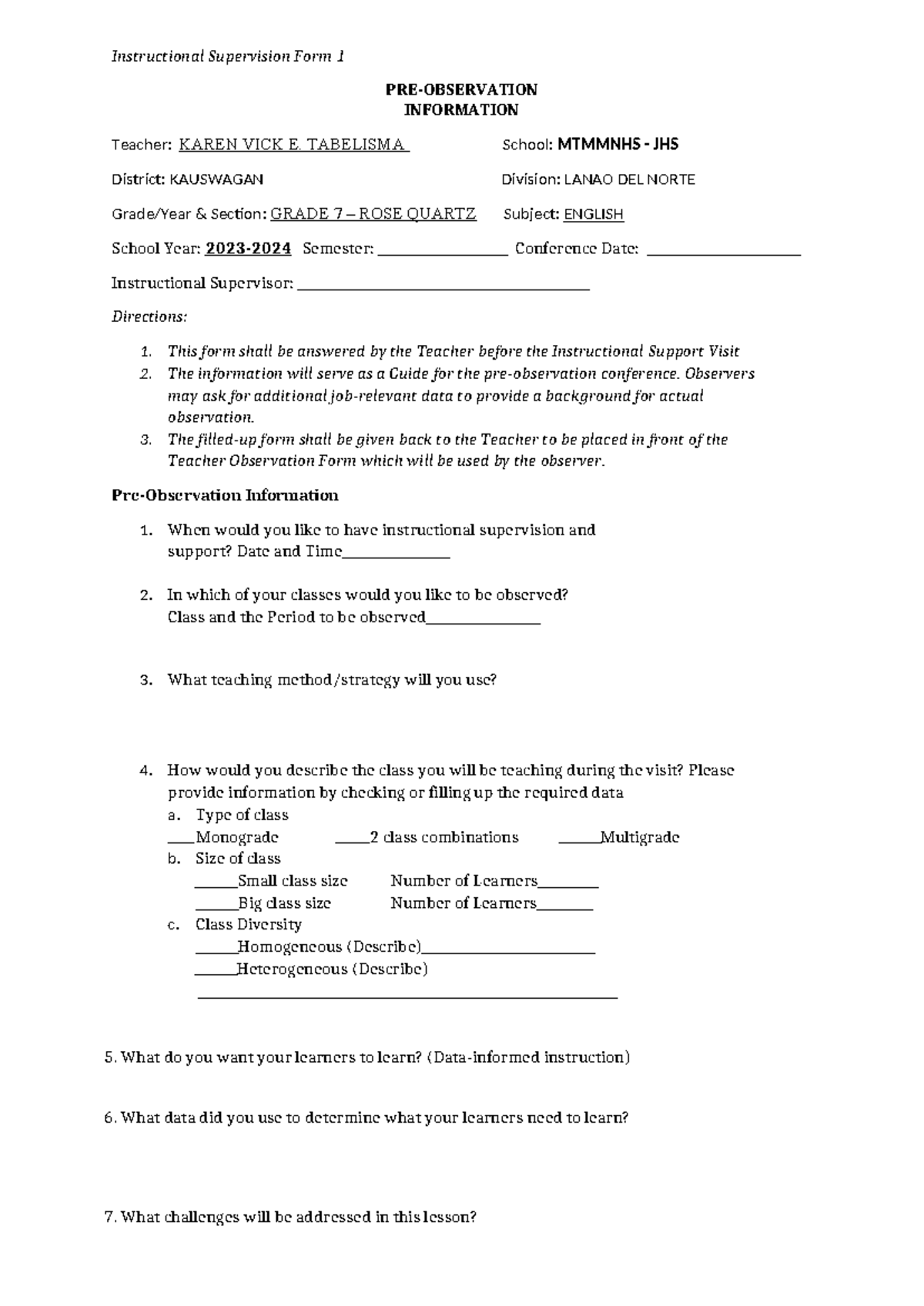 Enhanced Pre-Post Conference Classroom Observation for Grade 7 English ...