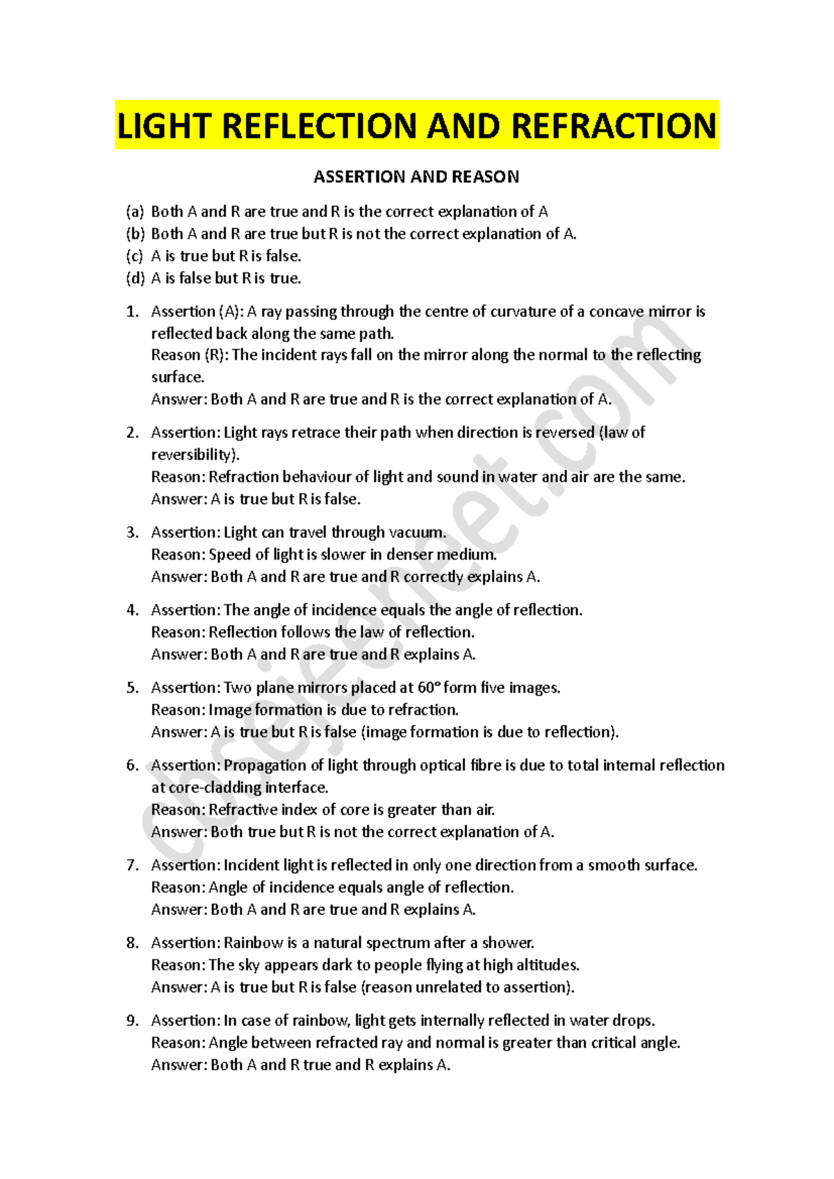Light Reflection and Refraction: Assertions and Explanations (PHYS 101 ...