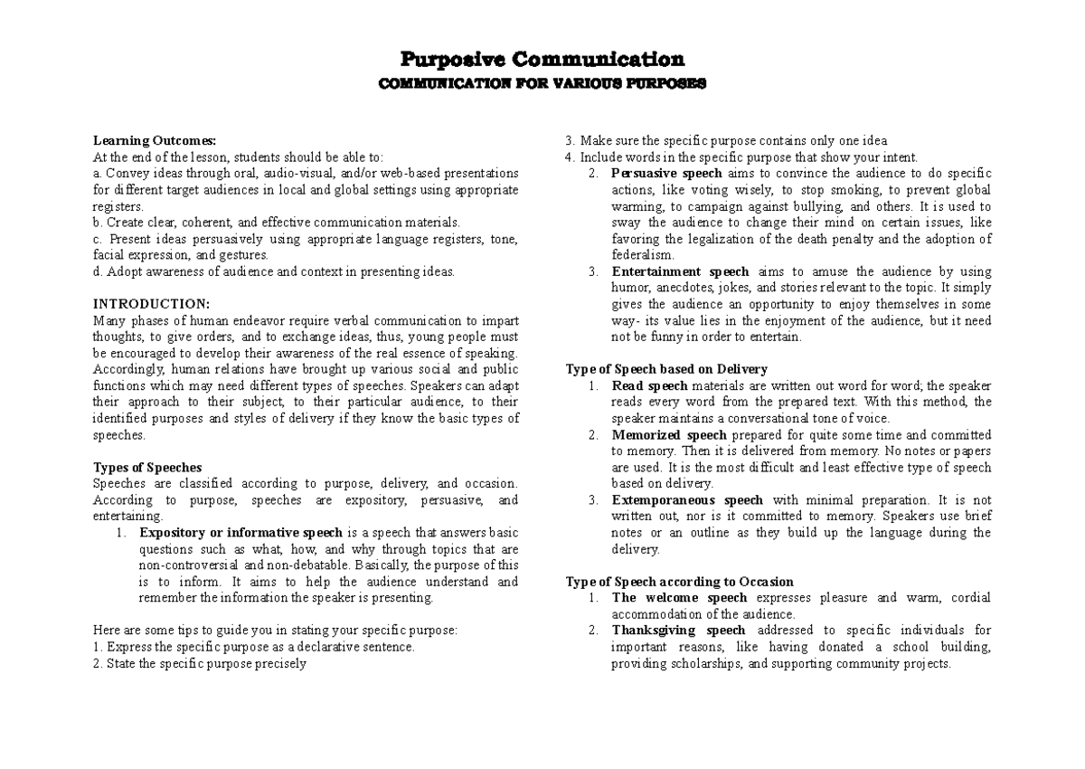 Purposive communication: Understanding speech types and delivery ...