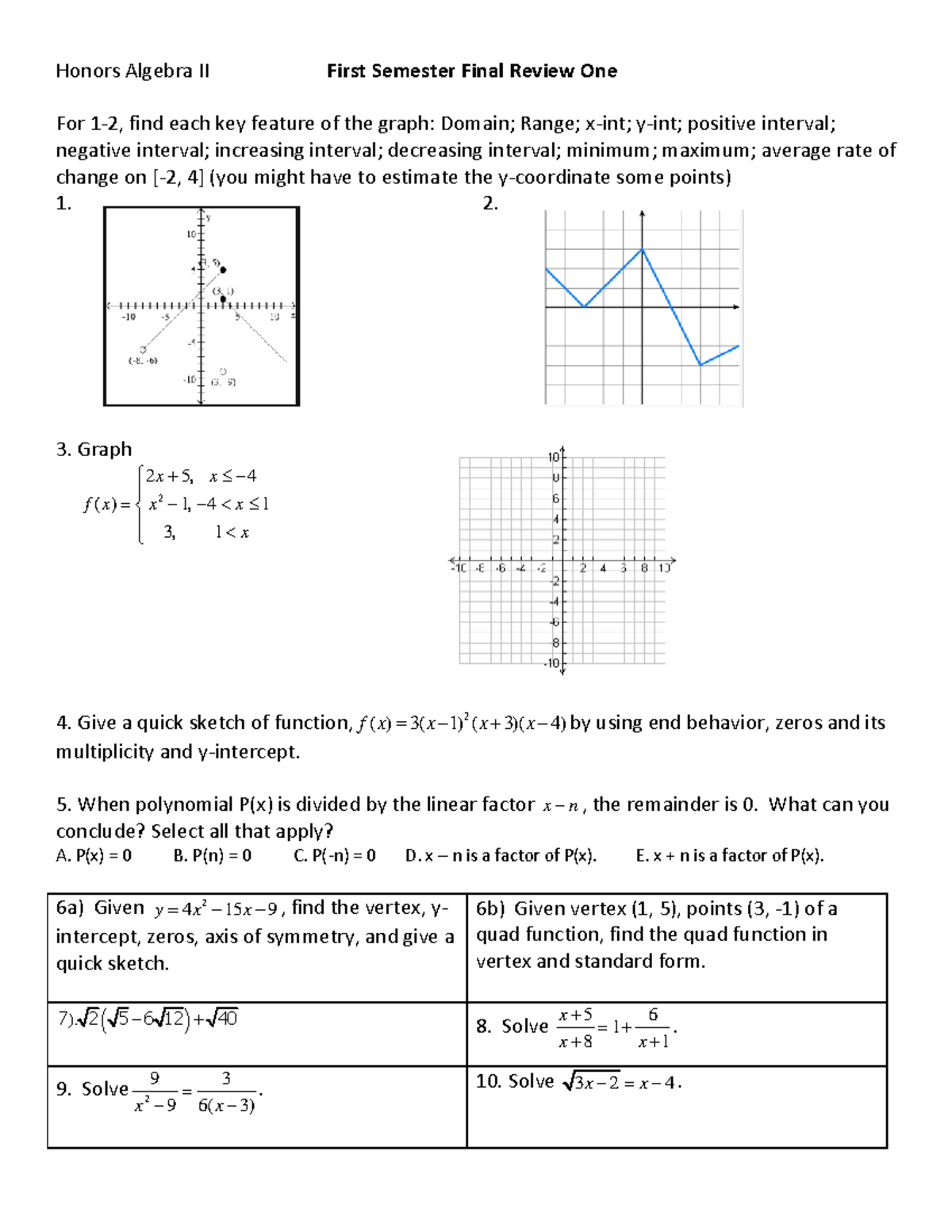 1st Sem Review 1 - Honors Algebra II First Semester Final Review One ...