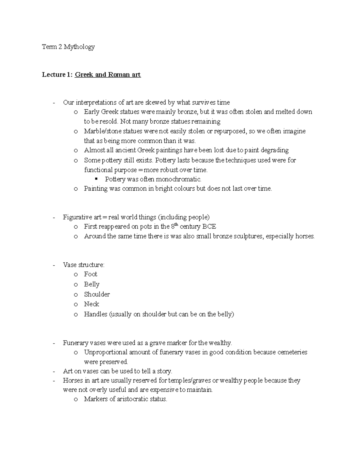 Term 2 Mythology - Lecture Notes on Greek and Roman Art - Studocu
