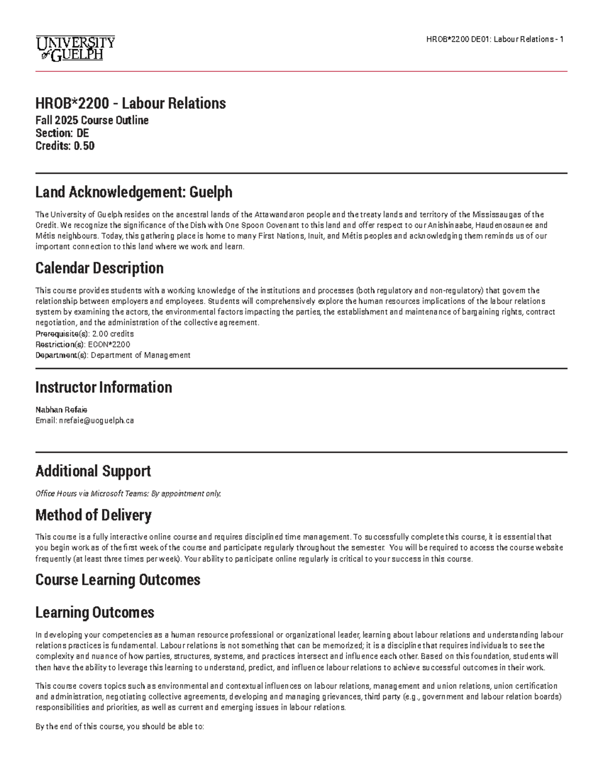 HROB 2200: Labour Relations Course Outline - Fall 2025 - Studocu