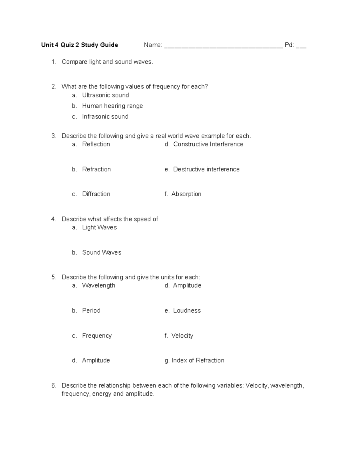 Unit 4 Quiz 2 Study Guide: Comparing Light and Sound Waves - Studocu
