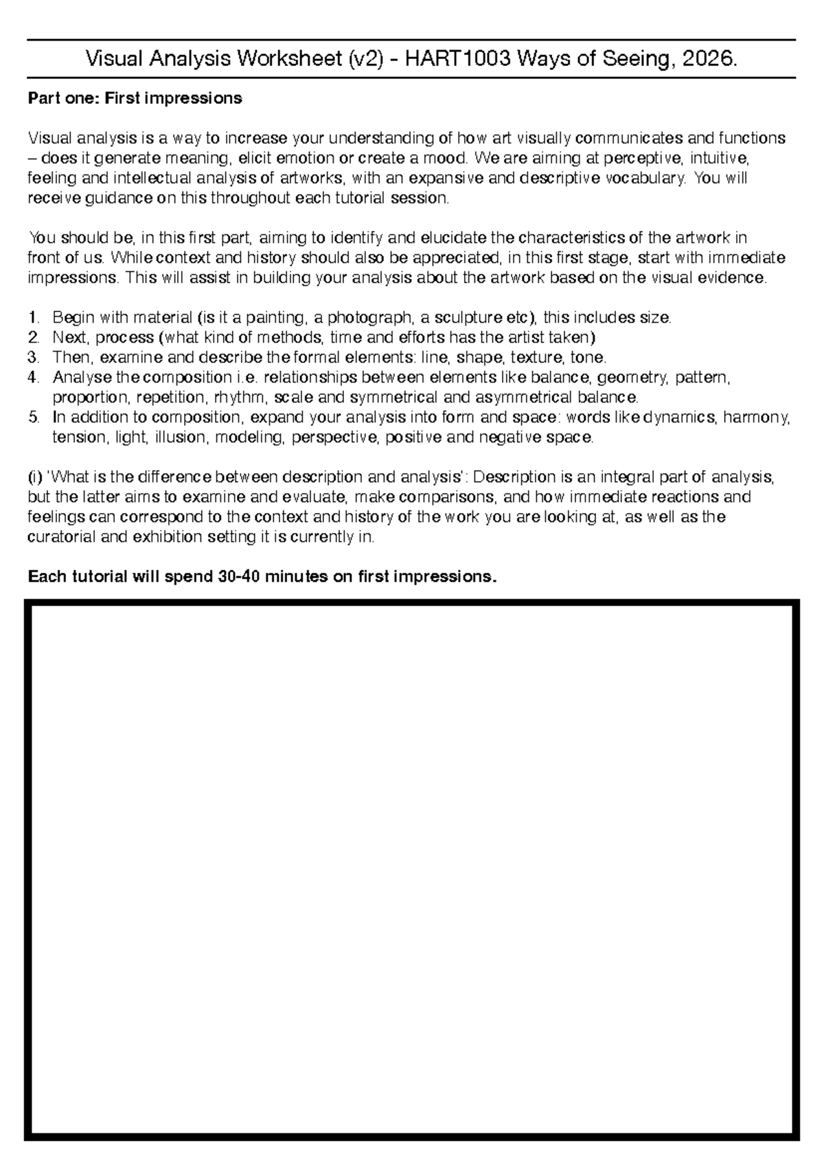 Visual Analysis Worksheet HART1003: Ways of Seeing (2026) - Studocu