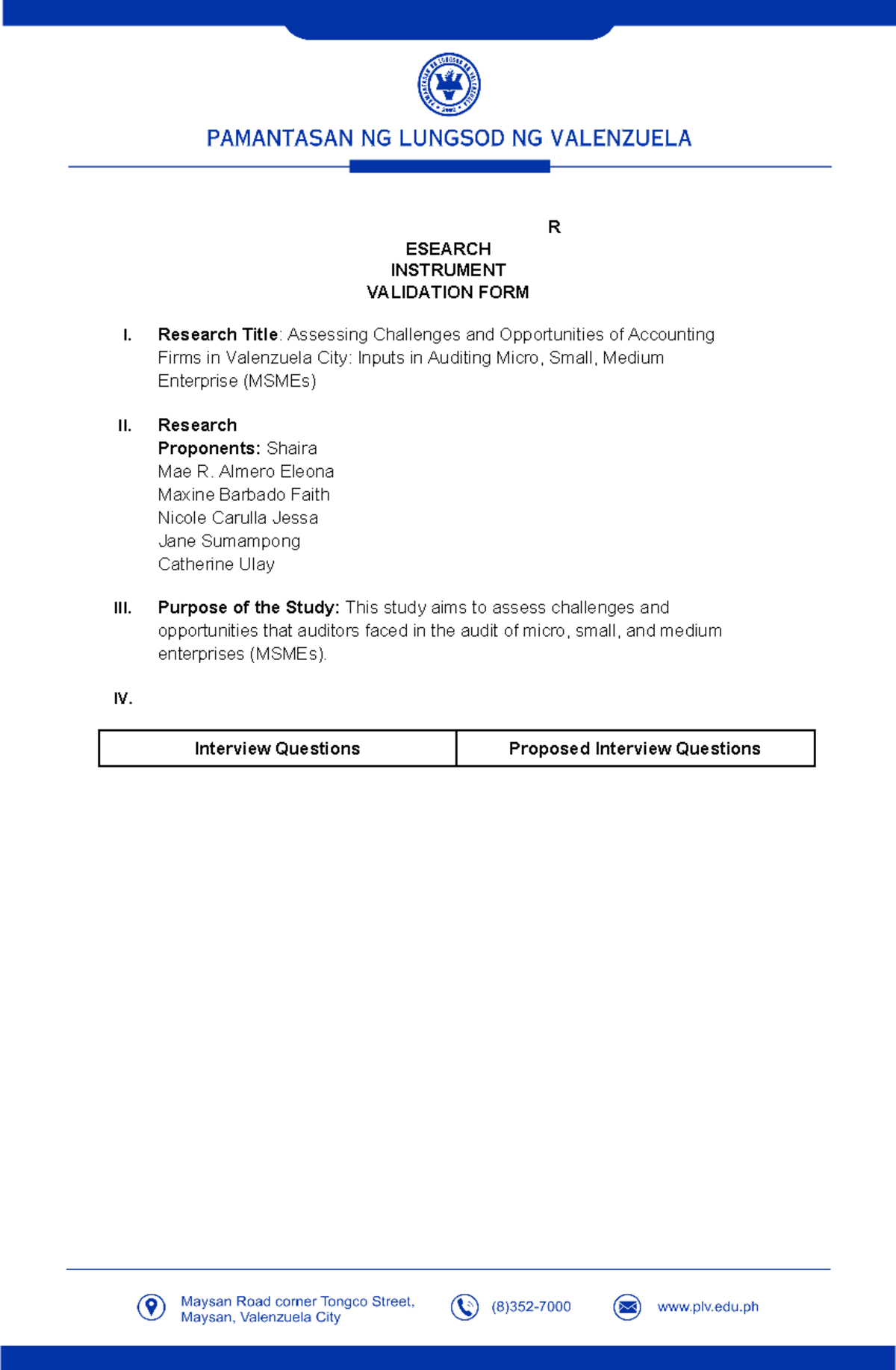 Revised Interview- Questions - R ESEARCH INSTRUMENT VALIDATION FORM I ...