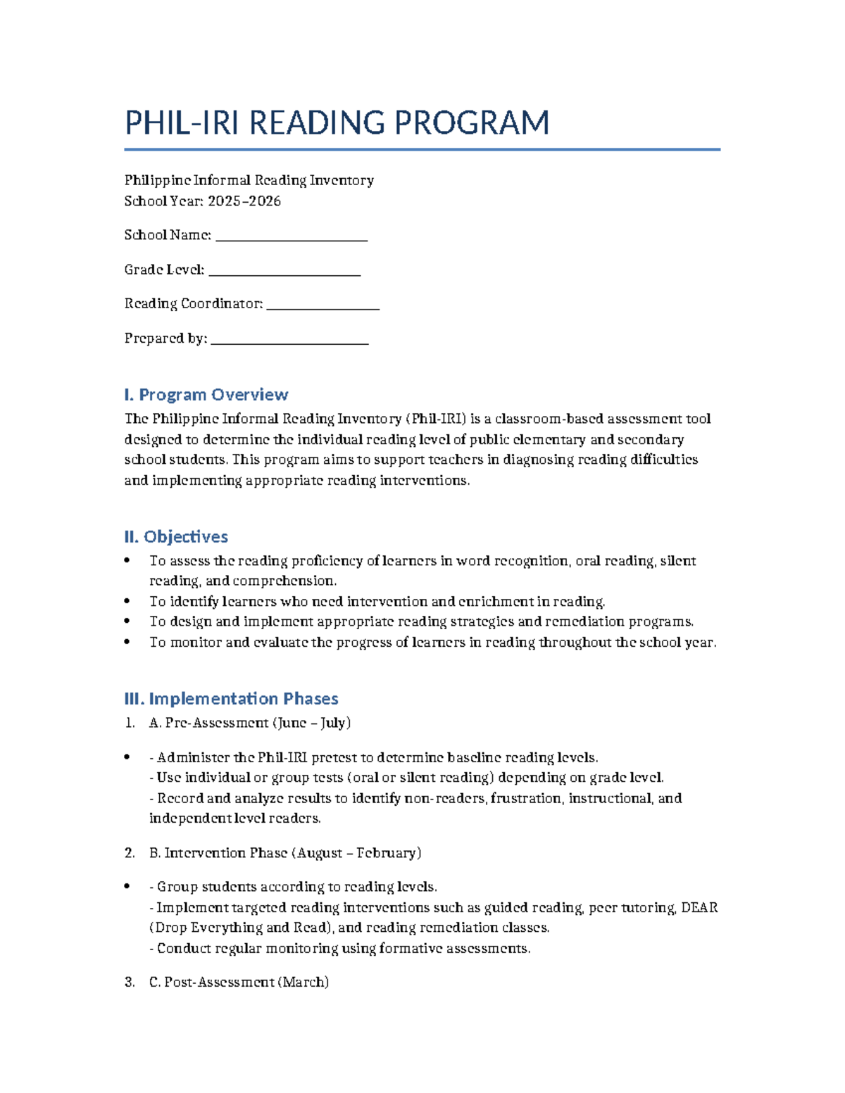 Phil-IRI Reading Program Overview and Implementation Guide - Studocu