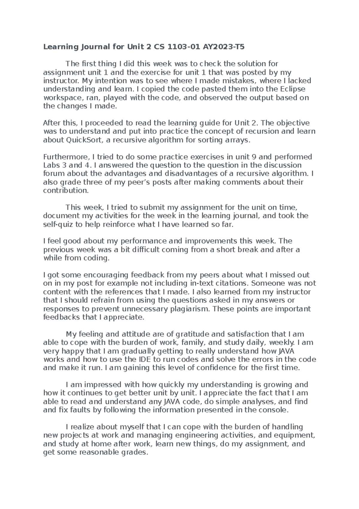 Learning Journal for Unit 2 CS - Studocu