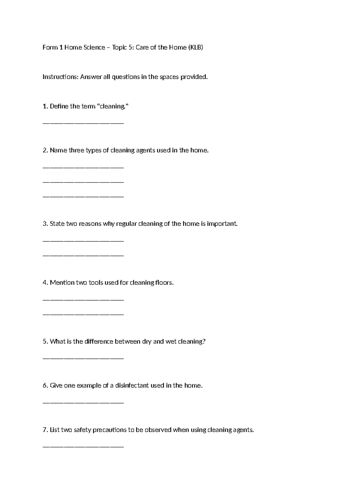 Form 1 Home Science - Topic 5: Home Care Practice (KLB) - Studocu