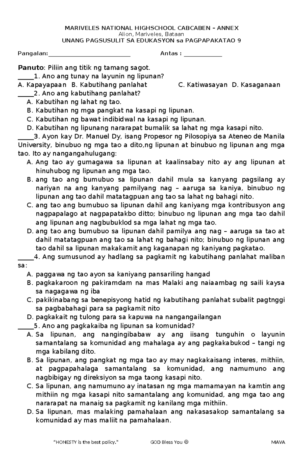 Unang Pagsusulit sa Edukasyon sa Pagpapakatao 9 - First PT Es P 9 - Studocu