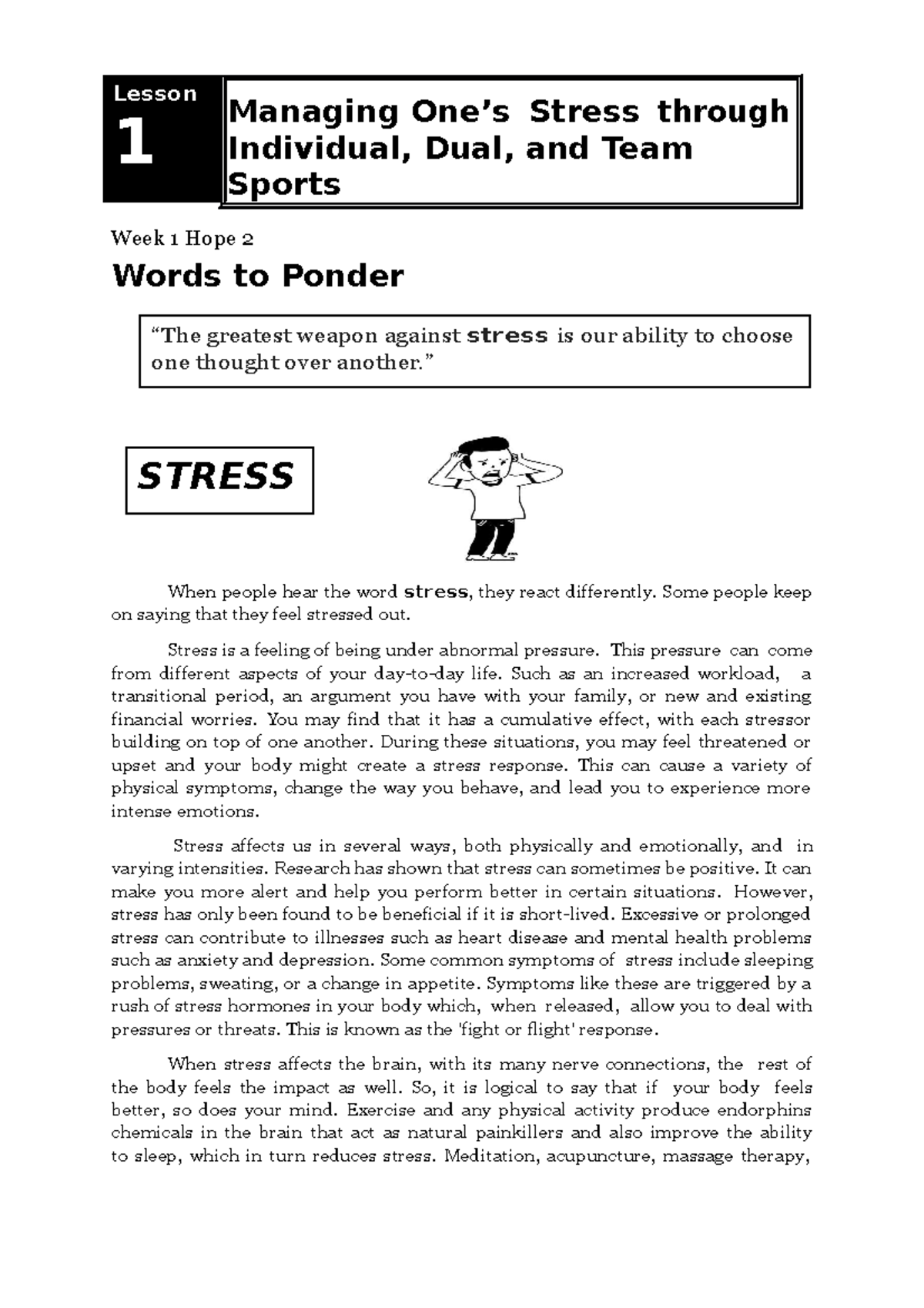 Week 1 HOPE 2- coping stress trough sports - Lesson 1 Managing One’s ...