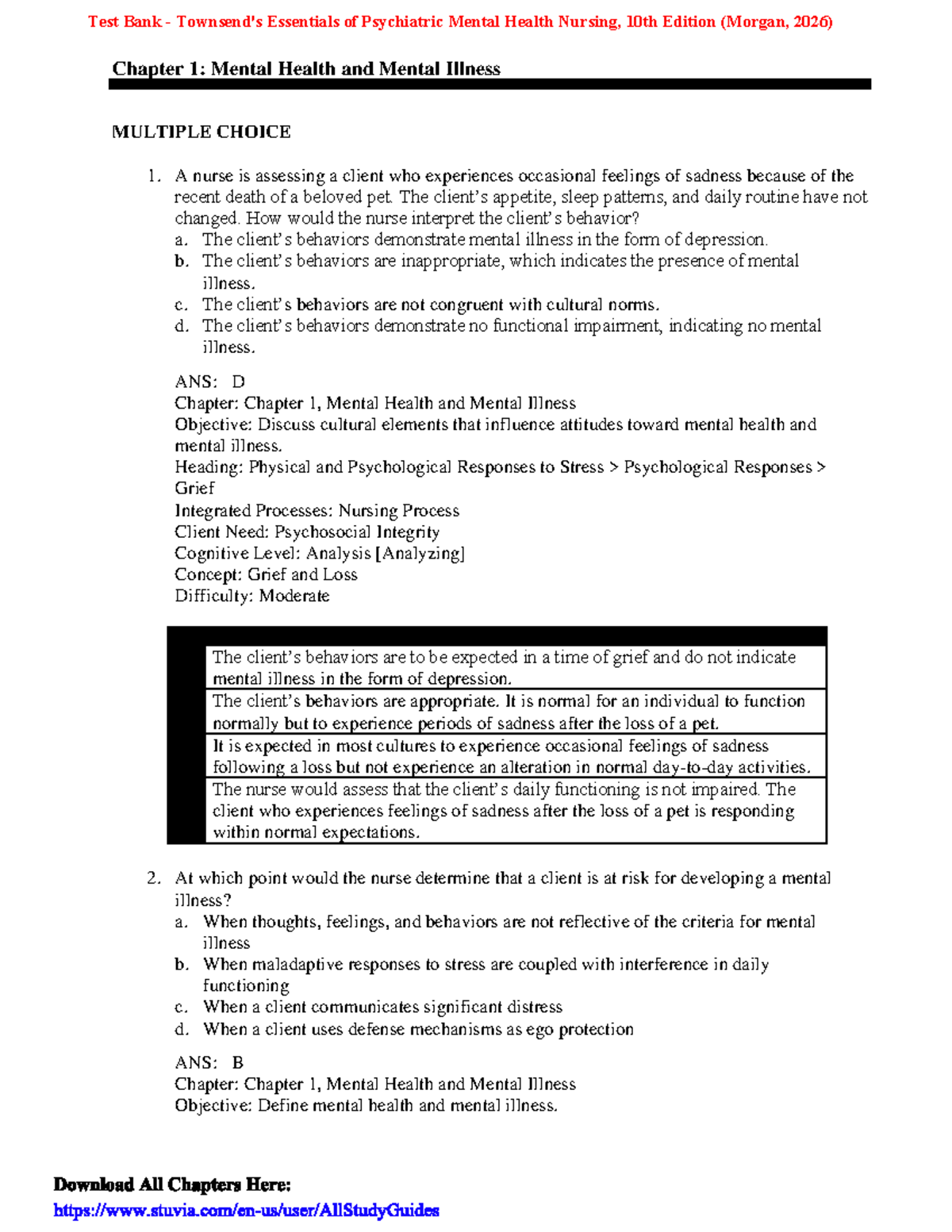 Test Bank - Essentials of Psychiatric Mental Health Nursing, 10th Ed ...