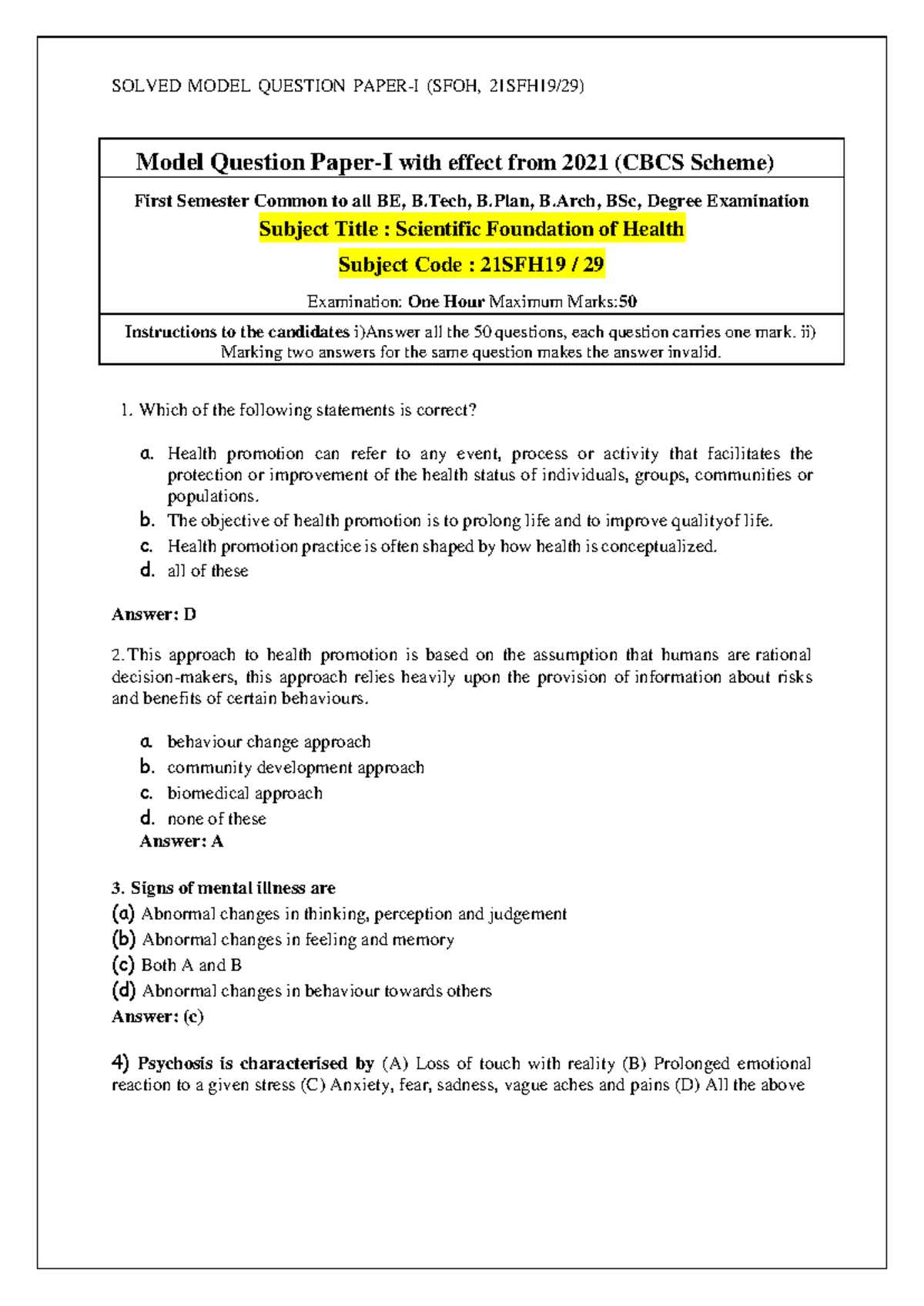 Solved Model QPS Set 1 SFH - Model Question Paper-I with effect from ...