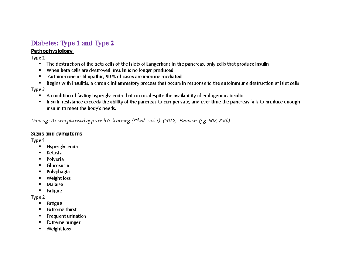 Diabetes Concept Map - Lecture notes 1 - Diabetes: Type 1 and Type 2 ...
