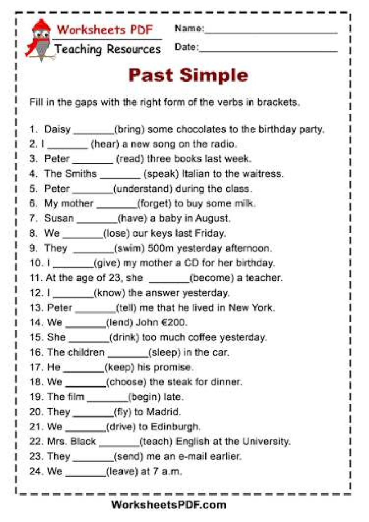CC Worksheets PDF: Past Simple Verb Fill-in Exercises - Studocu