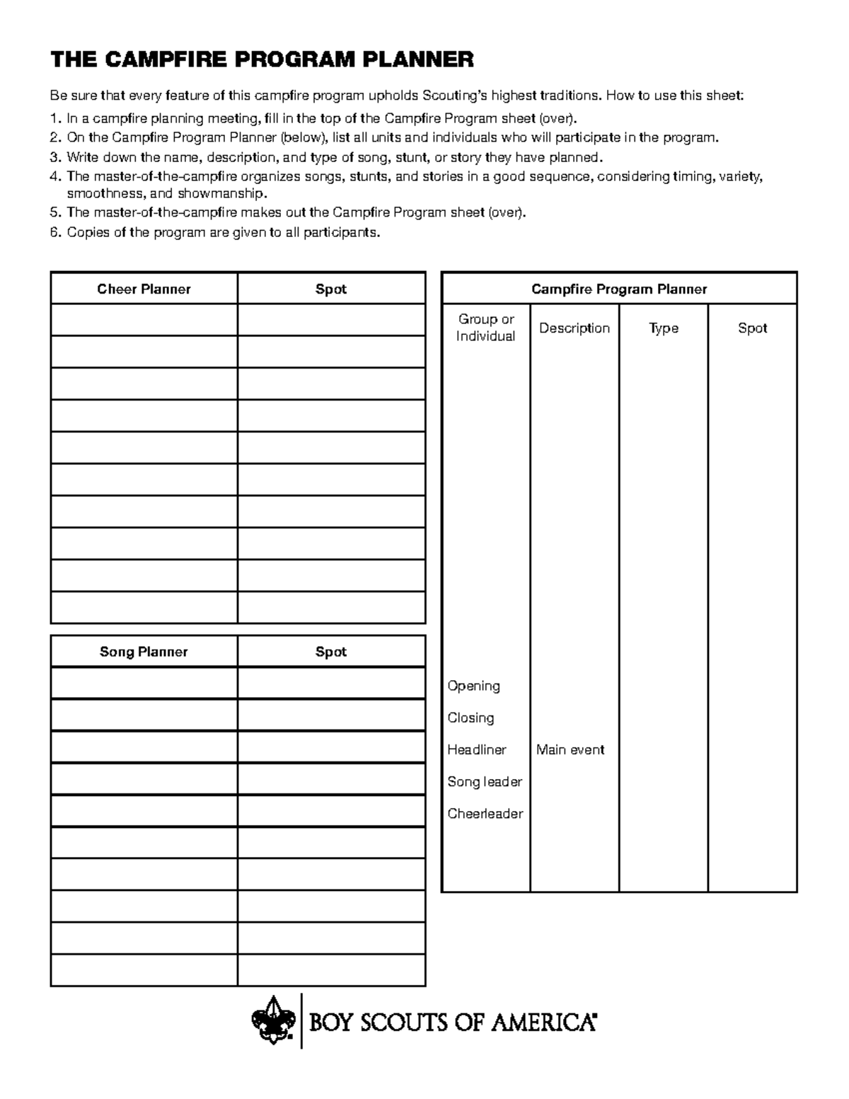 Campfire Program Planner: Organizing Songs and Stunts - Studocu