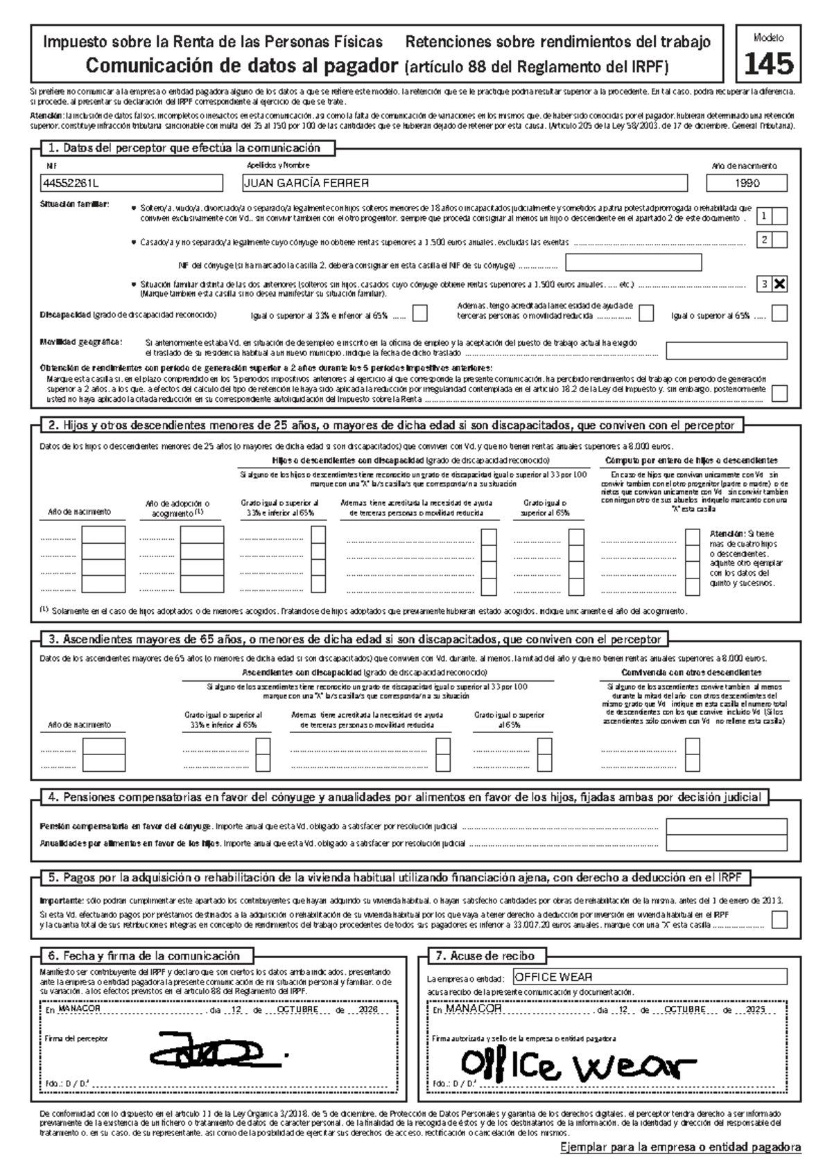 Modelo 145: Comunicación de Datos para Retenciones IRPF - Studocu