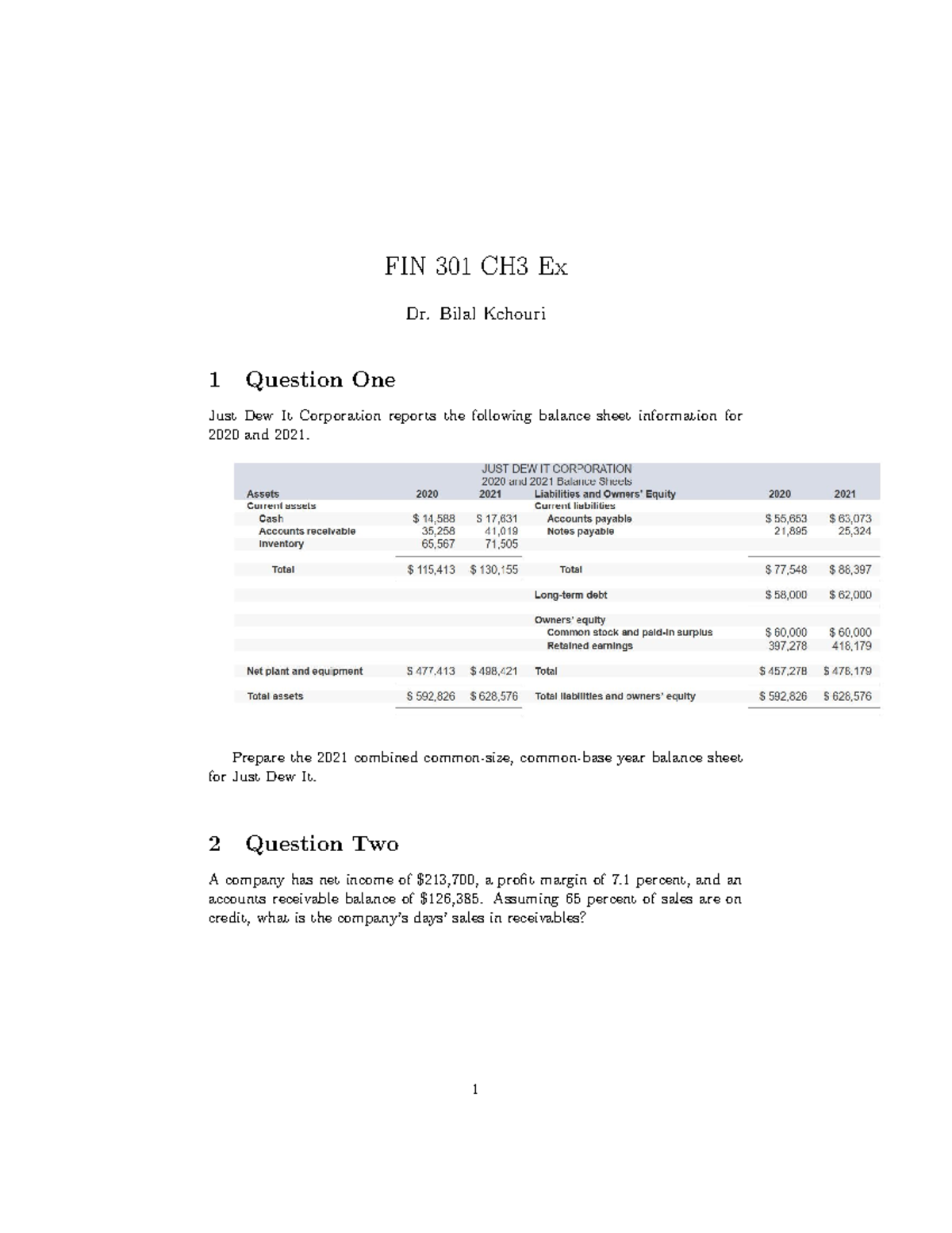 FIN 301 CH3 Exercise 3: Financial Statements & Ratios Analysis - Studocu