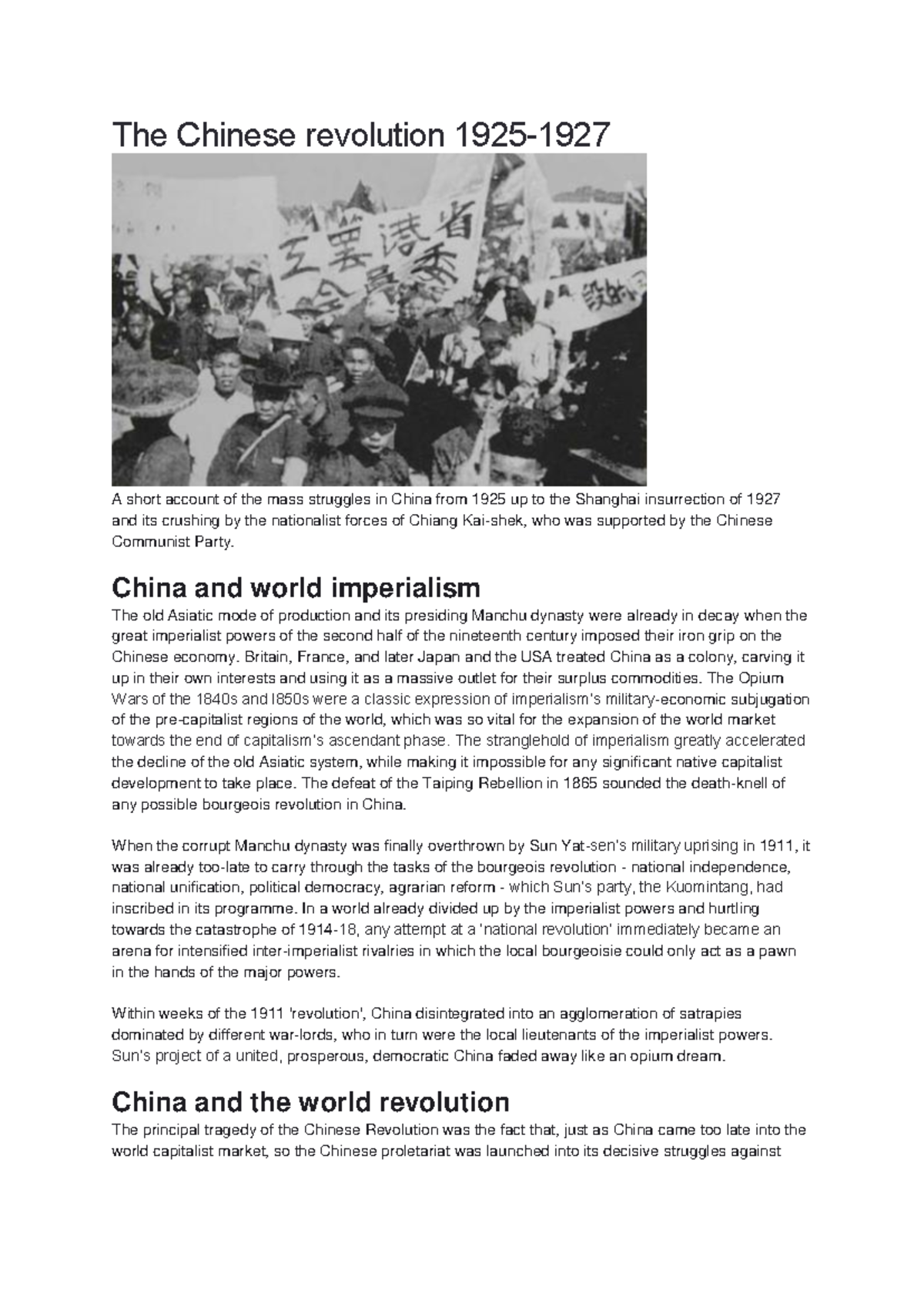 The Chinese Revolution: Mass Struggles from 1925 to 1927 - Studocu