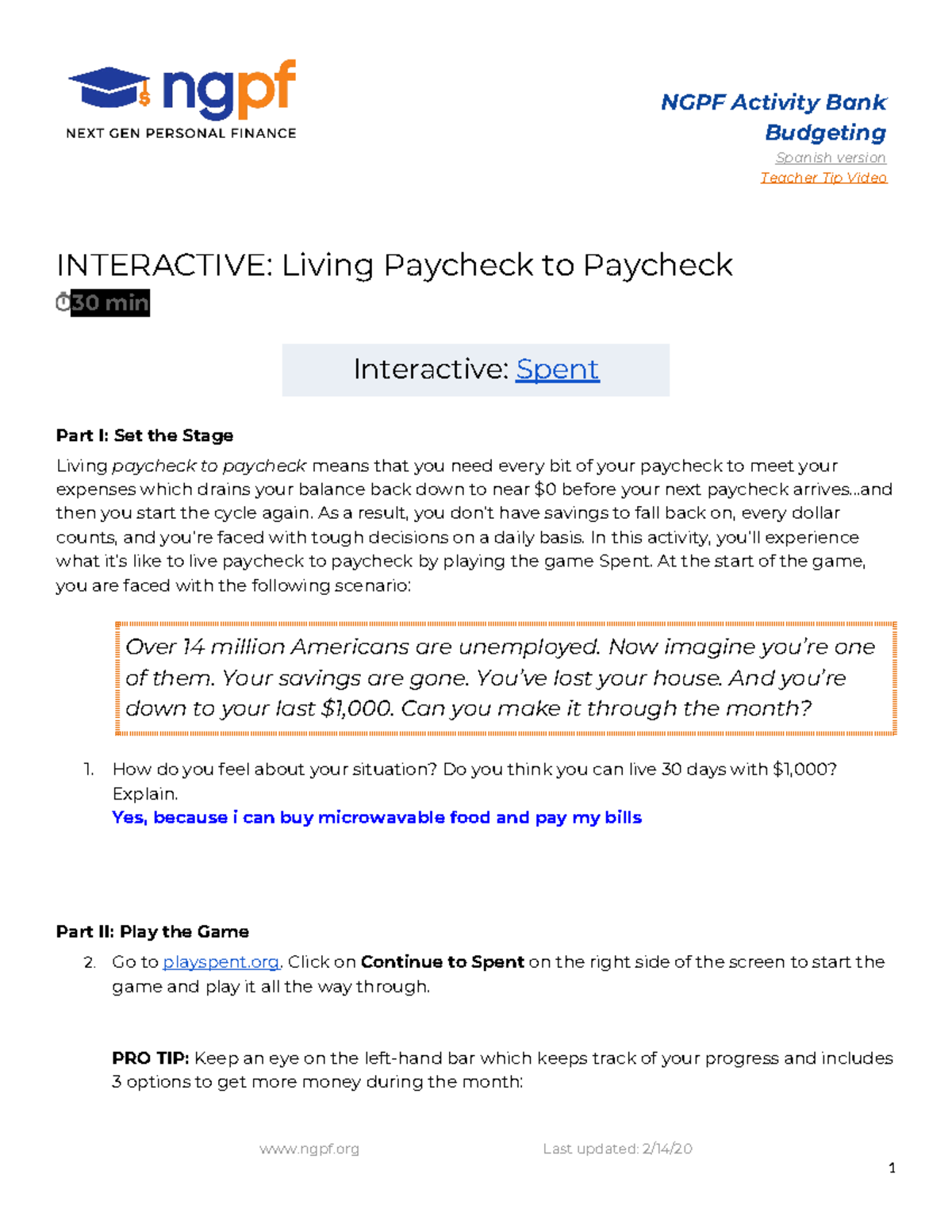 Interactive Activity: Living Paycheck to Paycheck (NGPF) - Studocu