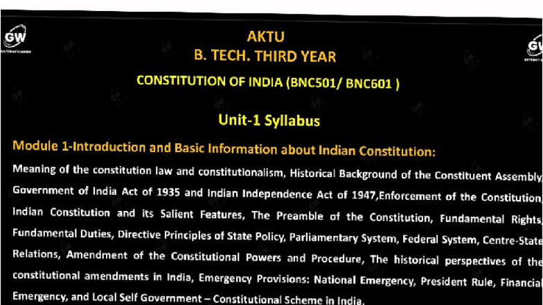 AKTU B. TECH. BNC601: Constitution of India Syllabus Overview - Studocu