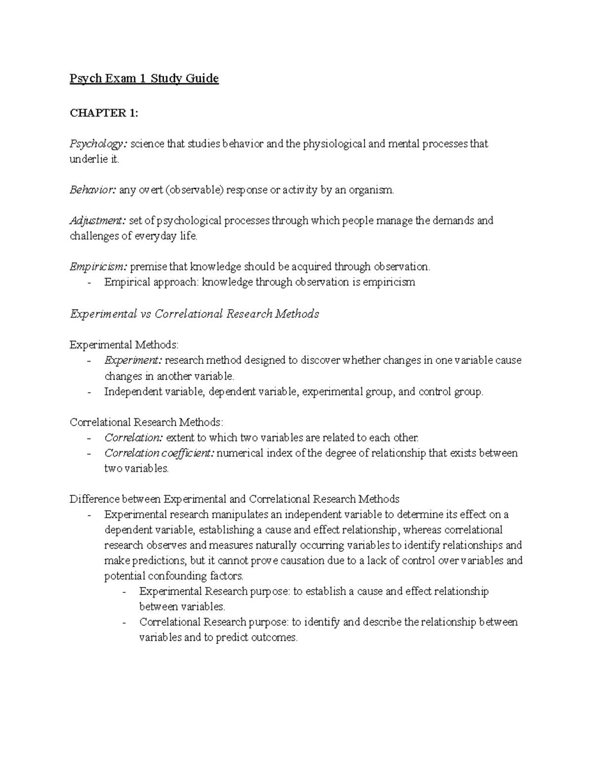 Psych Exam 1 Study Guide: Key Concepts & Research Methods - Studocu