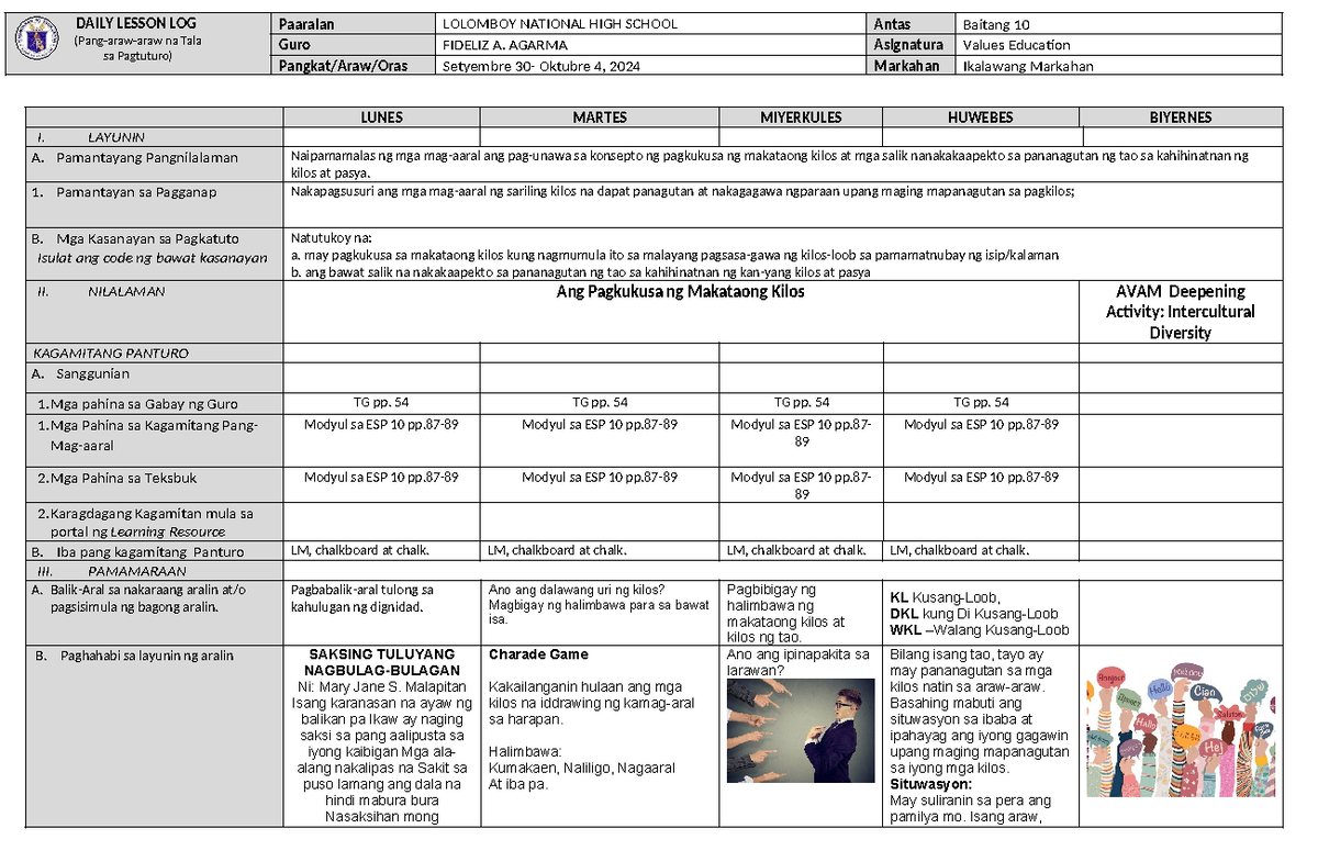 DLL-VE10-W1 - Daily lesson log - DAILY LESSON LOG (Pang-araw-araw na ...