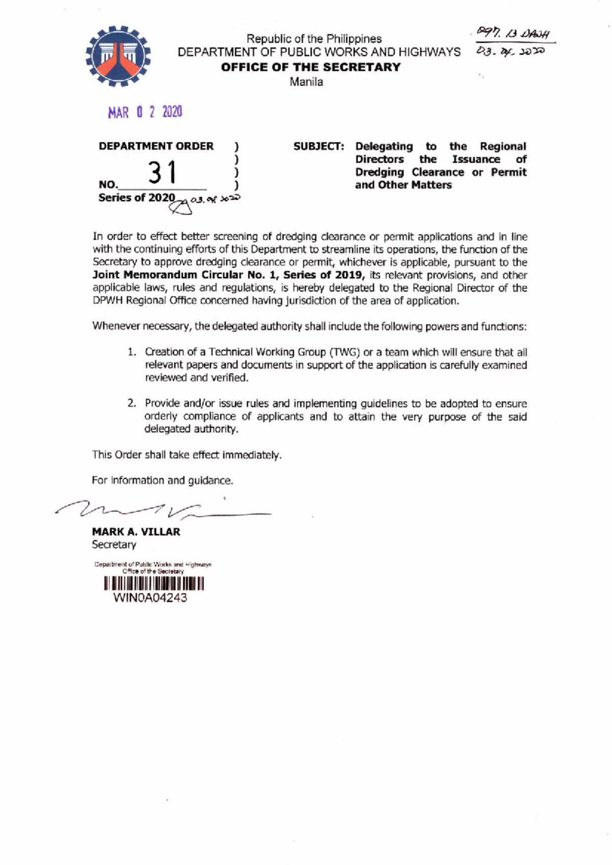 DO 31 s2020 - Guidelines for Issuance of Dredging Permits in the ...