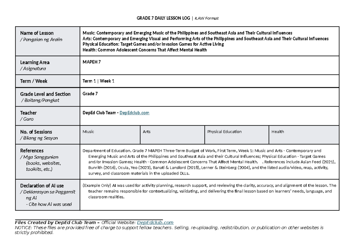 DTC ILAW DLL: MAPEH 7 Term 1 Week 1 Daily Lesson Log - Studocu