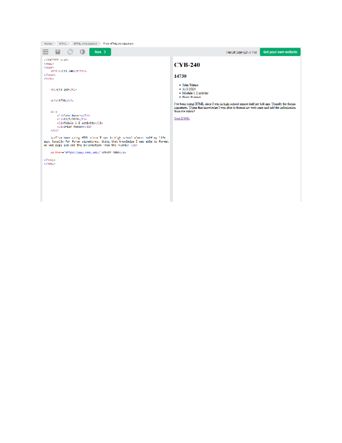 CYB-240 - 1-2 Activity - HTML Webpage Creation by John Waters - Studocu