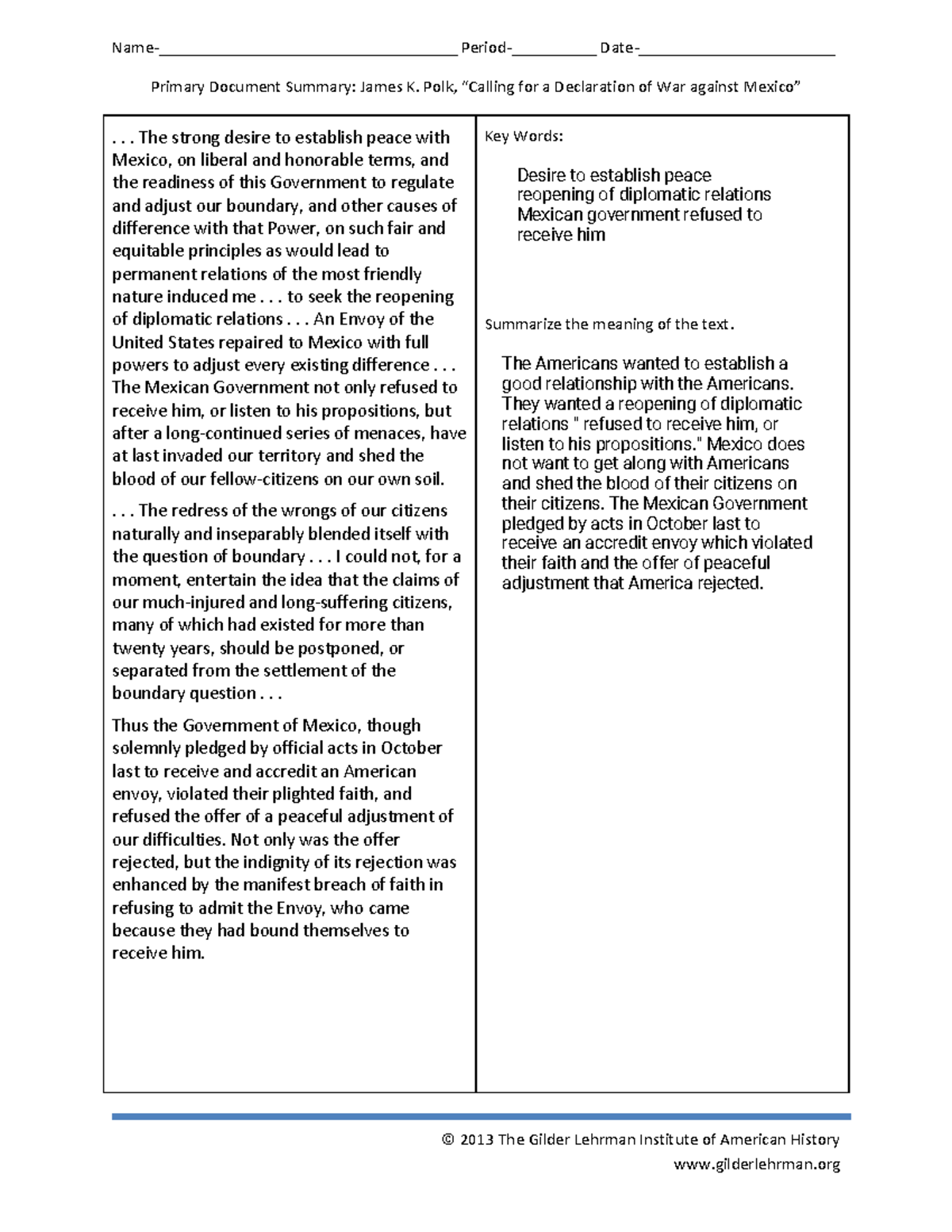 Mexican American War: Lesson 1 Graphic Organizer & Summary Notes - Studocu