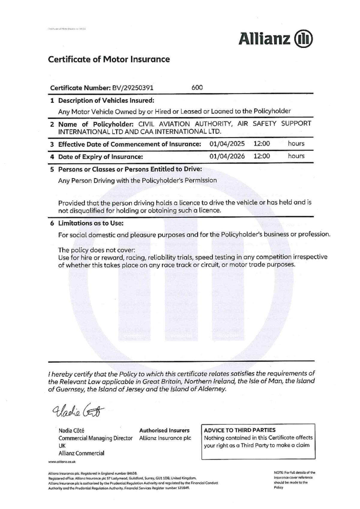 CAA Motor Insurance Certificate 2025-26: Policy Details and Coverage ...