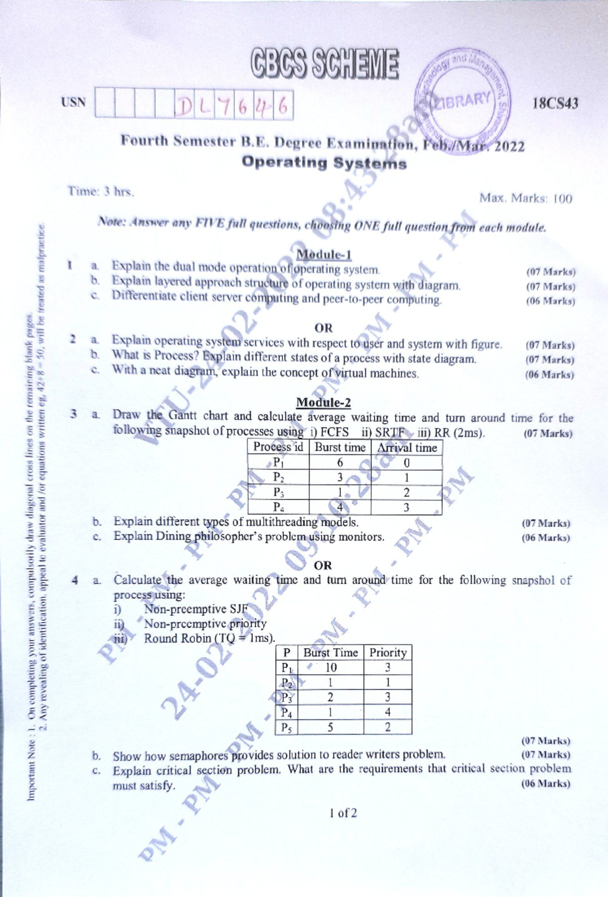 Operating Systems Exam Paper - 18CS43 - Fourth Sem B.E. 2022 - Studocu