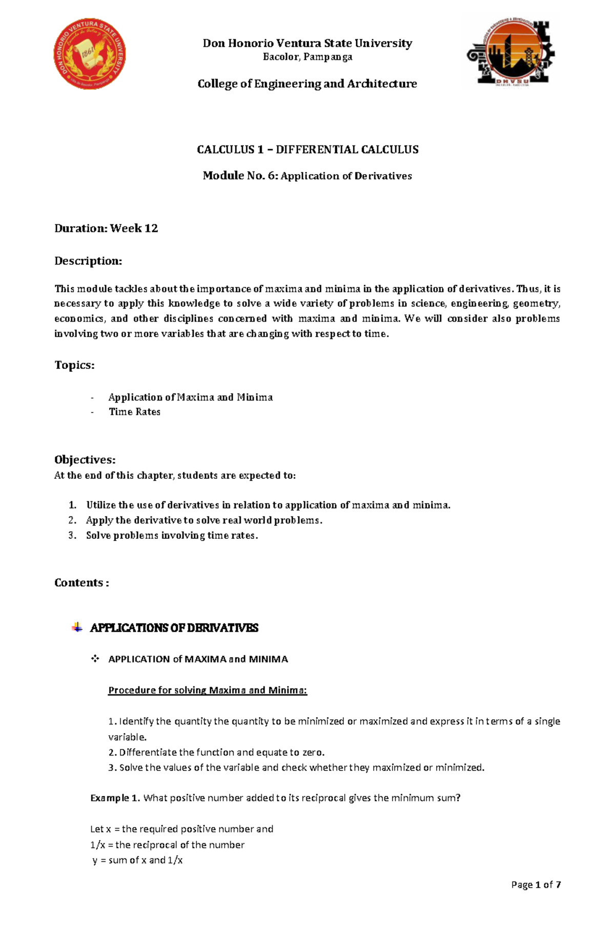 CALCULUS 1 DIFFCAL 115 Module 6: Applications of Derivatives - Studocu