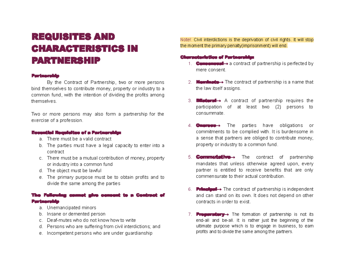 Partnership Essentials: Requisites & Characteristics (LAW 101) - Studocu