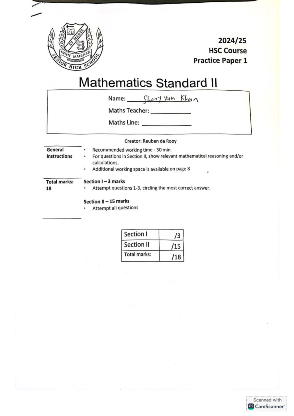 HSC Mathematics Standard II Practice Paper 1 - Senior High - Studocu