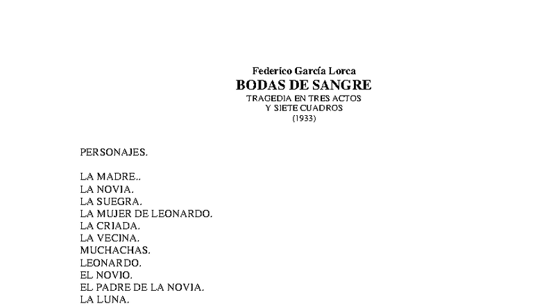 Federico García Lorca - Bodas de Sangre: Personajes y Actos - Studocu