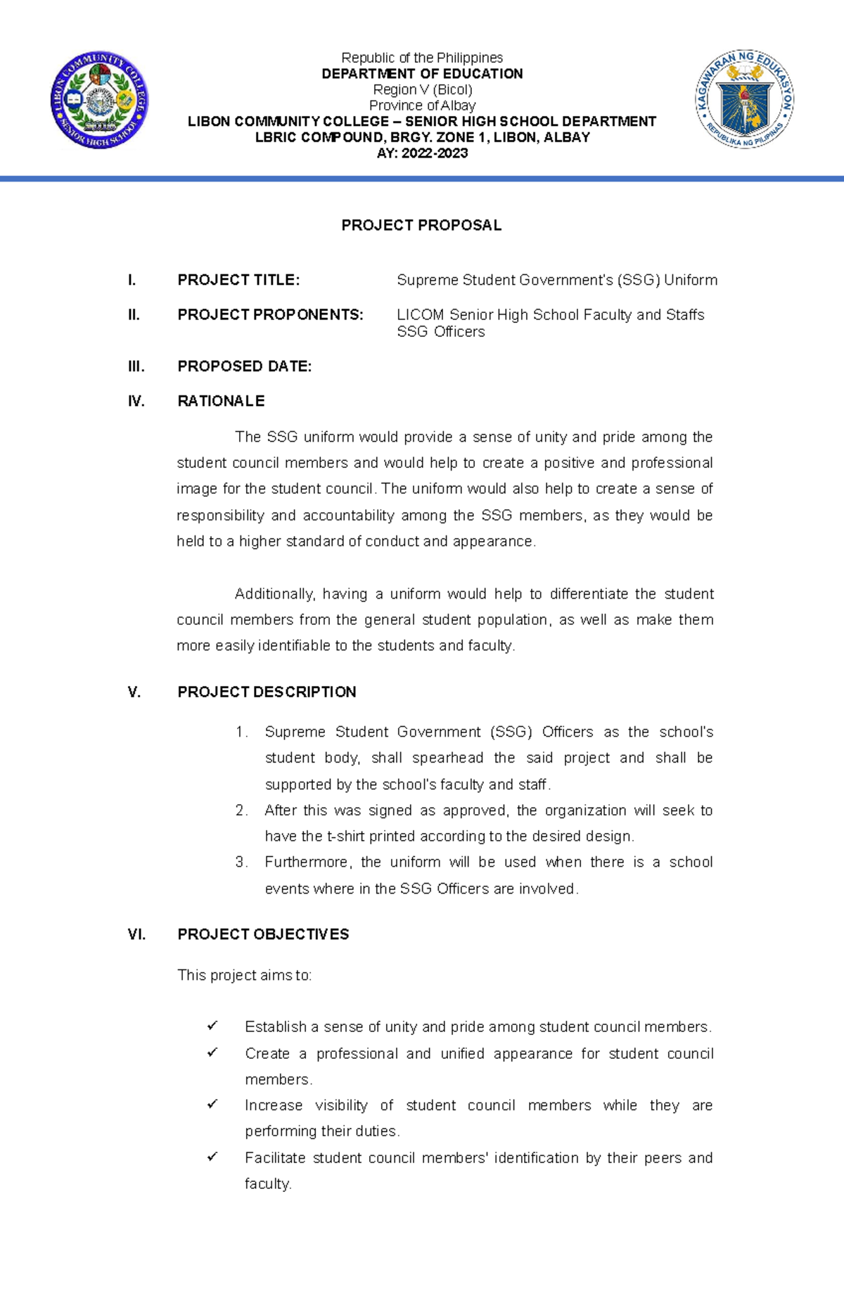 SSG-Uniform-Prpject-Proposal - Republic of the Philippines DEPARTMENT ...