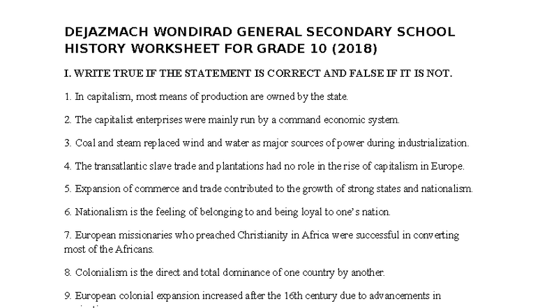 DEJAZMACH WONDIRAD GRADE 10 HISTORY WORKSHEET (2018) - Studocu