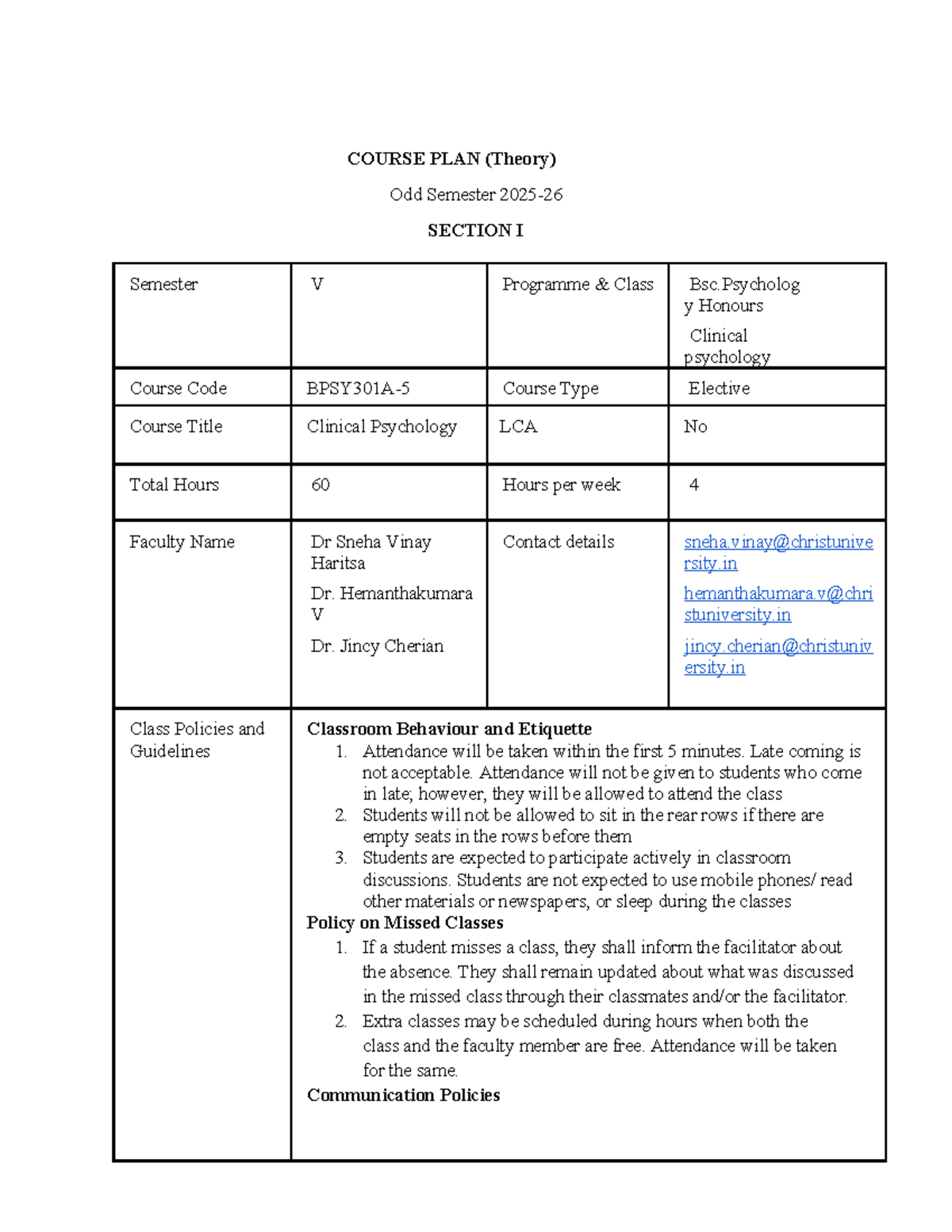 Clinical Psychology Course Plan (Theory) - Semester V - BSc Honours ...