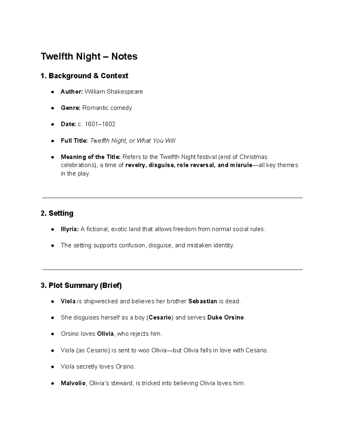 Twelfth Night (ENG 101) - Comprehensive Study Notes - Studocu